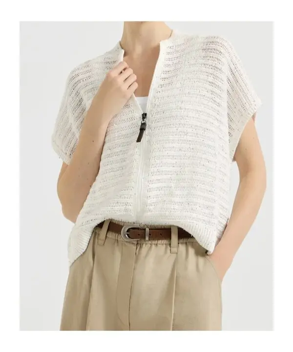 Brunello Cucinelli Linen Diamond Yarn Cardigan With Openwork Stripes And Shiny Zipper Pull