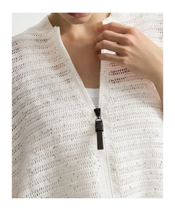 Brunello Cucinelli Linen Diamond Yarn Cardigan With Openwork Stripes And Shiny Zipper Pull