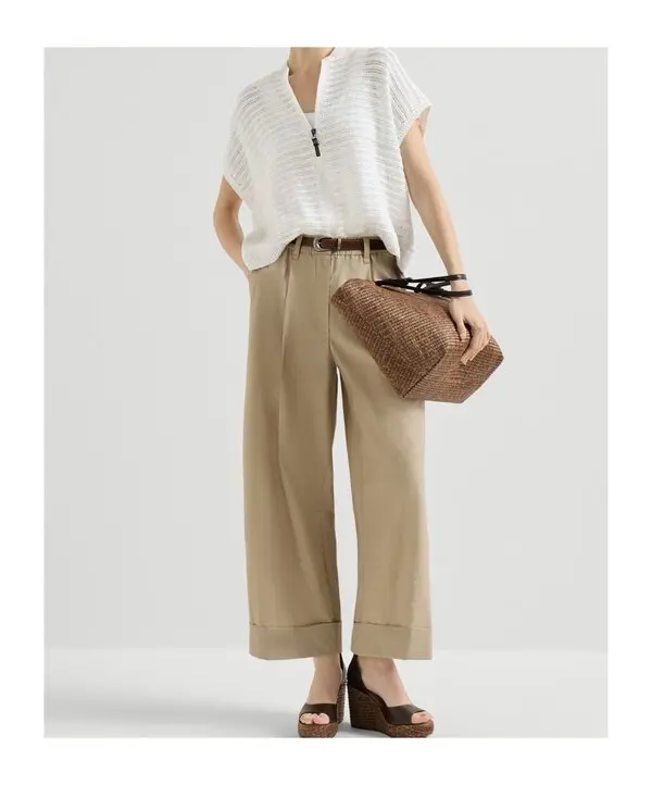 Brunello Cucinelli Linen Diamond Yarn Cardigan With Openwork Stripes And Shiny Zipper Pull