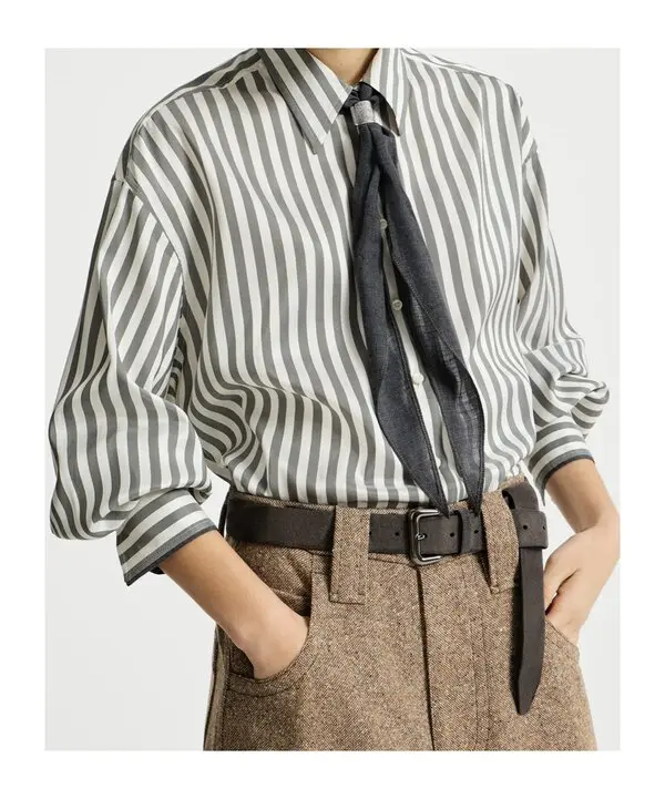 Brunello Cucinelli Striped Silk Poplin Shirt With Virgin Wool Foulard