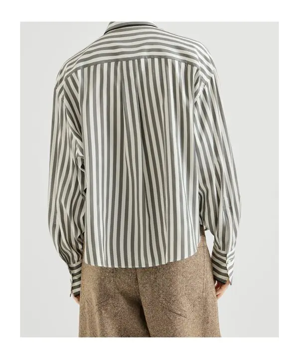 Brunello Cucinelli Striped Silk Poplin Shirt With Virgin Wool Foulard