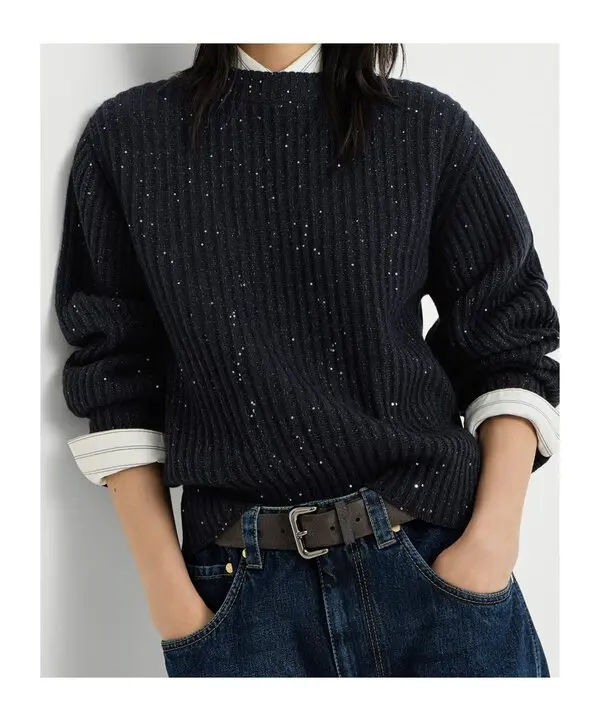 Brunello Cucinelli Sequin Embellished Ribbed Knit Sweater