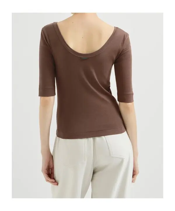 Brunello Cucinelli Stretch Cotton Ribbed Jersey T-shirt With Monili - Pine Cone Brown
