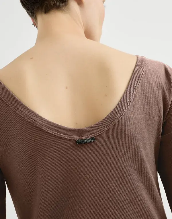 Brunello Cucinelli Stretch Cotton Ribbed Jersey T-shirt With Monili - Pine Cone Brown
