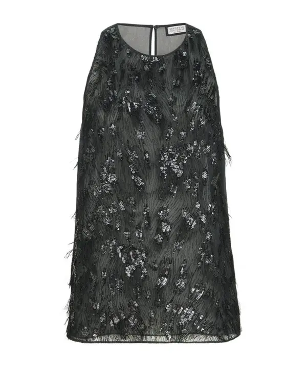 Brunello Cucinelli Crispy Silk Top With Dazzling Lynx Embroidery