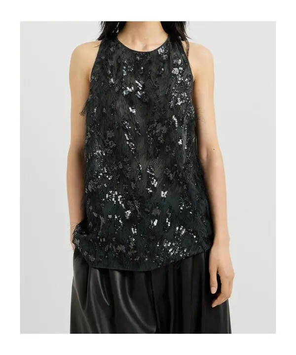 Brunello Cucinelli Crispy Silk Top With Dazzling Lynx Embroidery