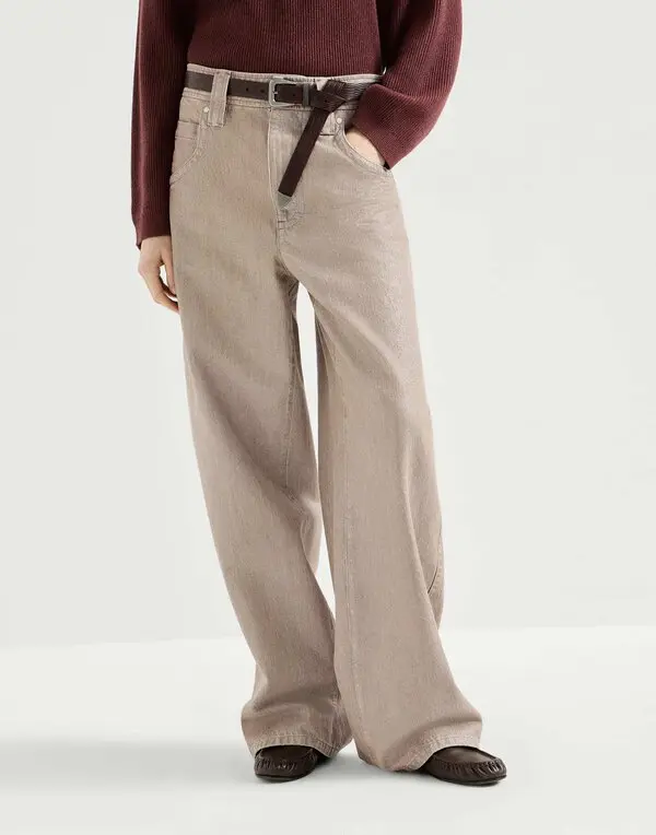 Brunello Cucinelli Lamé-denim Baggy Trousers With Monili - Nude