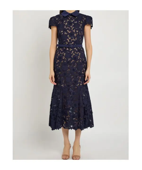 SELF-PORTRAIT Belted Guipure Lace Midi Dress