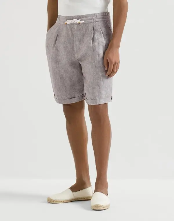 Brunello Cucinelli Linen And Hemp Diagonal Bermuda Shorts With Drawstring And Double Pleats - Light Brown