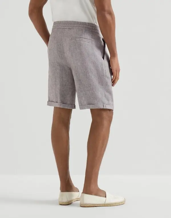 Brunello Cucinelli Linen And Hemp Diagonal Bermuda Shorts With Drawstring And Double Pleats - Light Brown