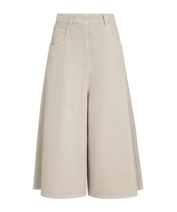 Brunello Cucinelli Dyed Denim Wide Cropped Trousers With Monili
