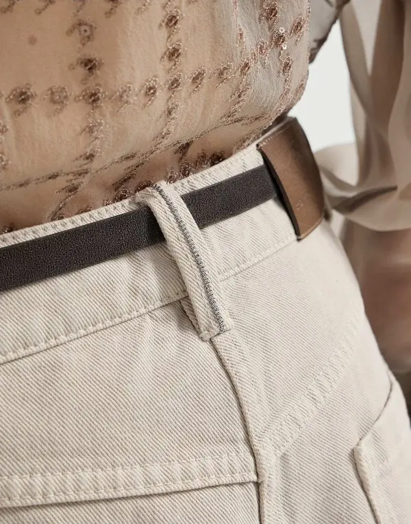 Brunello Cucinelli Dyed Denim Wide Cropped Trousers With Monili