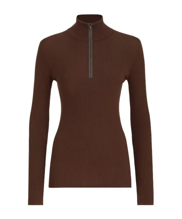 Brunello Cucinelli Virgin Wool And Cashmere Ribbed Turtleneck Sweater With Half-zip - Chocolate