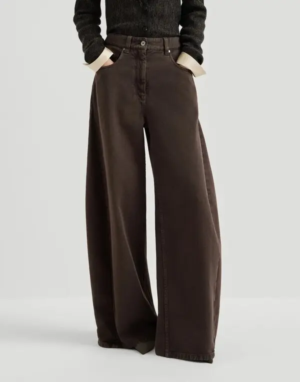 Brunello Cucinelli Dyed Denim Wide Trousers With Monili