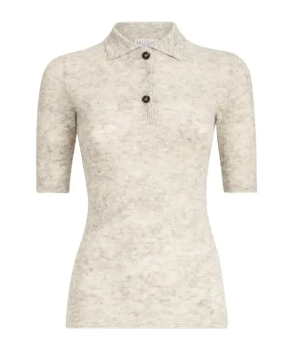 Brunello Cucinelli Silk, Alpaca And Wool Flower-lace Knit Polo - Mist
