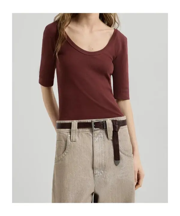 Brunello Cucinelli Stretch Cotton Ribbed Jersey T-shirt With Monili Trim