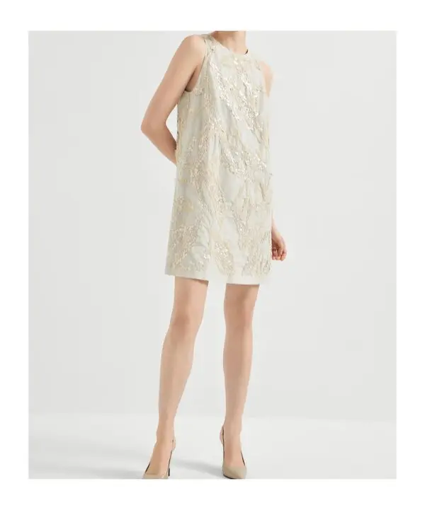 Brunello Cucinelli Techno Cotton Poplin Mini Dress With Dazzling Seabed Embroidery - Nude