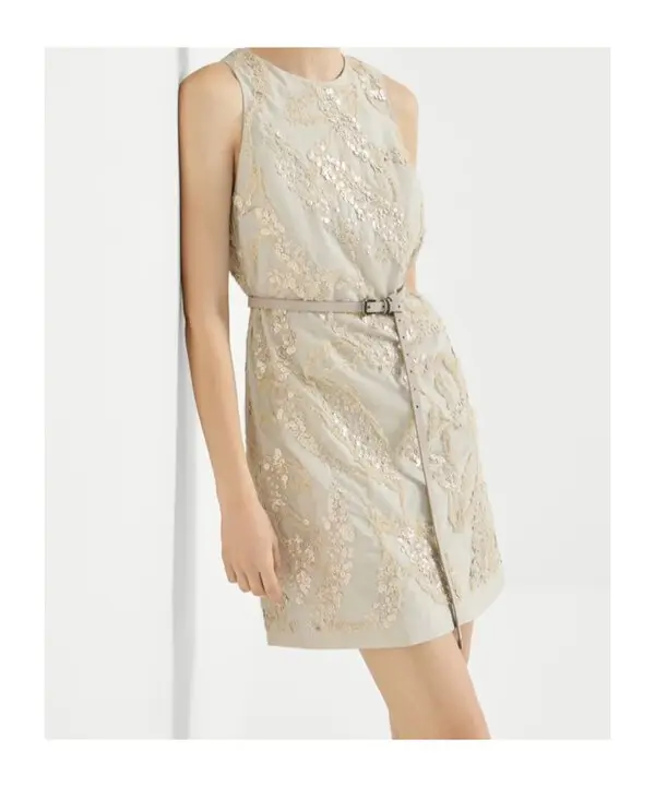 Brunello Cucinelli Techno Cotton Poplin Mini Dress With Dazzling Seabed Embroidery - Nude