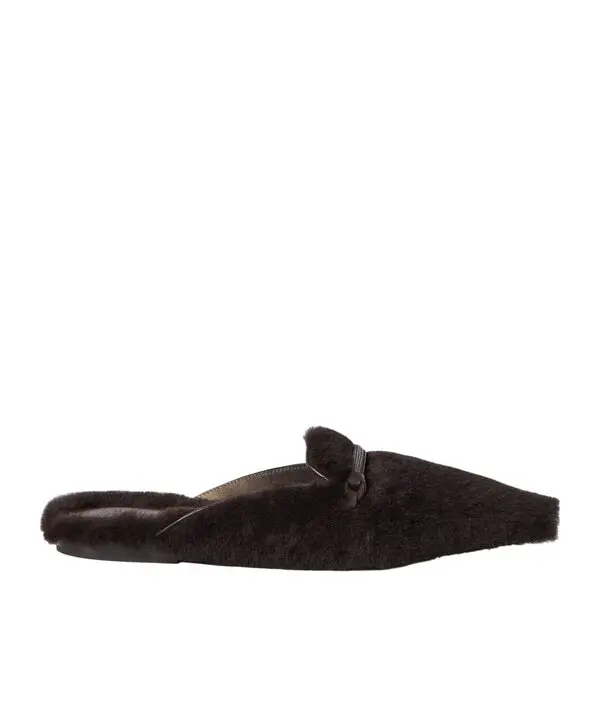 Brunello Cucinelli Shearling Flats With Precious Bar Detail