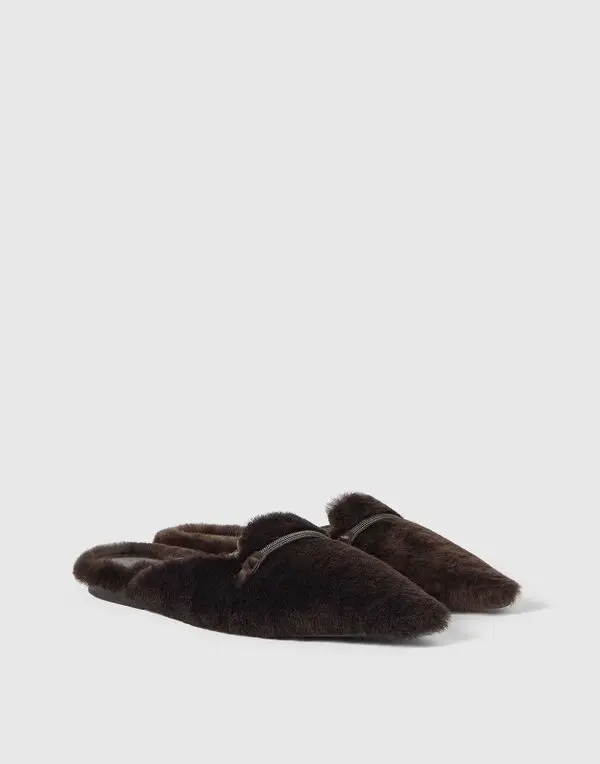 Brunello Cucinelli Shearling Flats With Precious Bar Detail