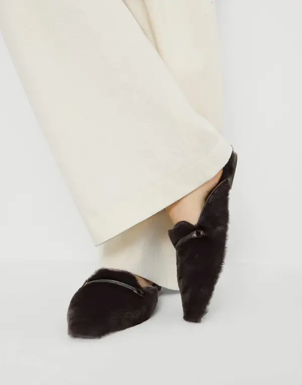 Brunello Cucinelli Shearling Flats With Precious Bar Detail