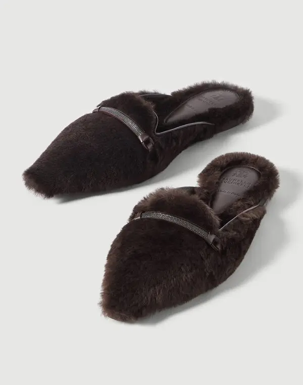 Brunello Cucinelli Shearling Flats With Precious Bar Detail