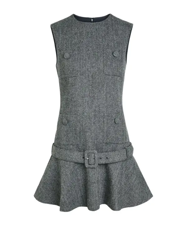 SELF-PORTRAIT Herringbone Belted Wool-blend Mini Dress - Gray