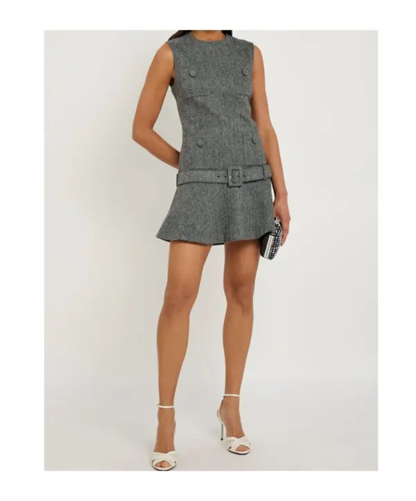 SELF-PORTRAIT Herringbone Belted Wool-blend Mini Dress