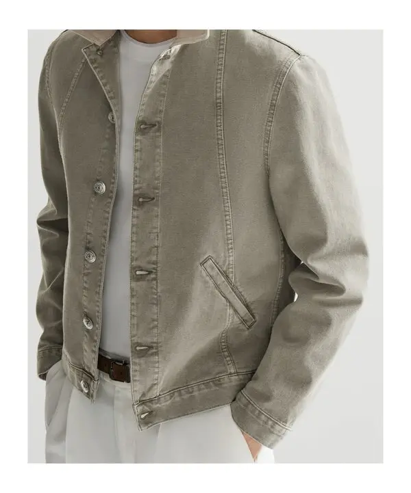 Brunello Cucinelli Garment-dyed Denim Jacket With Leather Collar