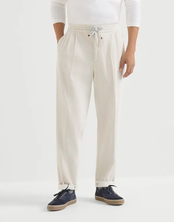 Brunello Cucinelli Garment-dyed Cotton Corduroy Trousers With Double Pleats - White