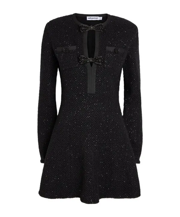 SELF-PORTRAIT Embellished Knit Mini Dress - Black