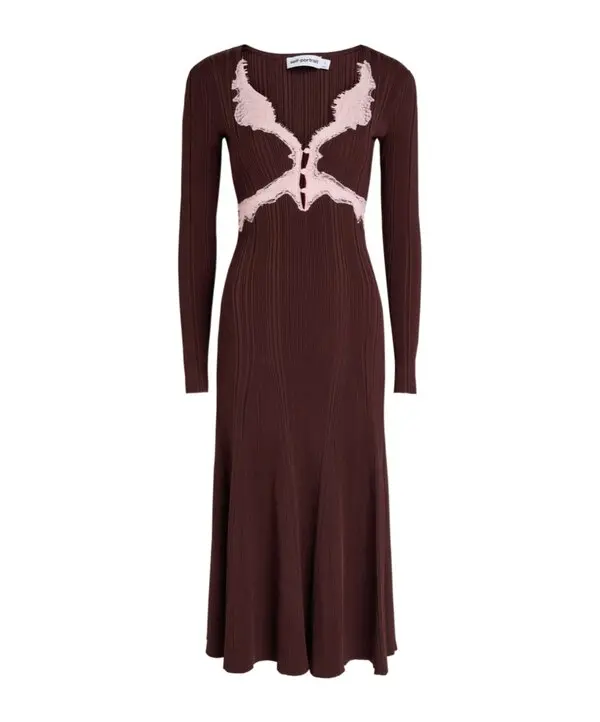 SELF-PORTRAIT Lace-trim Knit Midi Dress - Brown
