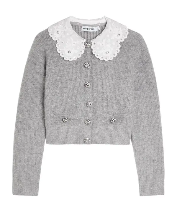SELF-PORTRAIT Embroidered-collar Embellished Metallic-knit Cardigan - Gray