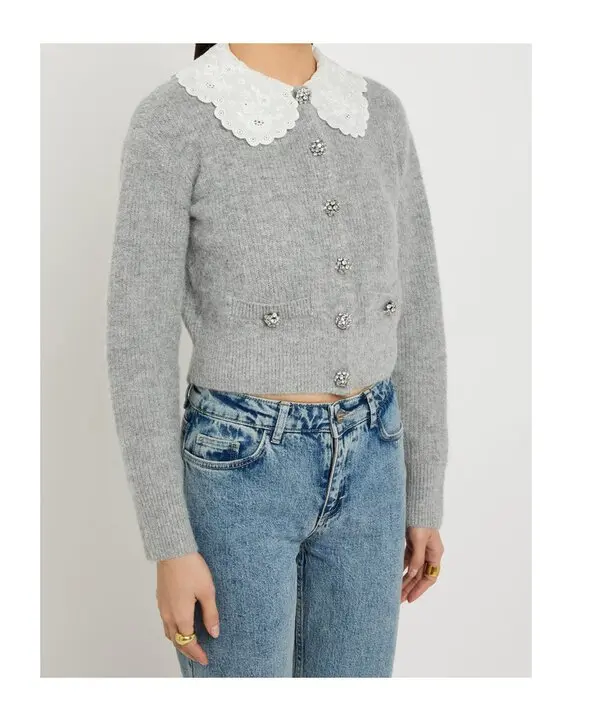 SELF-PORTRAIT Embroidered Collar Embellished Metallic-knit Cardigan