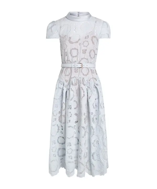 SELF-PORTRAIT Belted Floral Lace Midi Dress