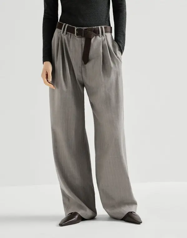 Brunello Cucinelli Virgin Wool Pinstripe Trousers With Monili - Gray