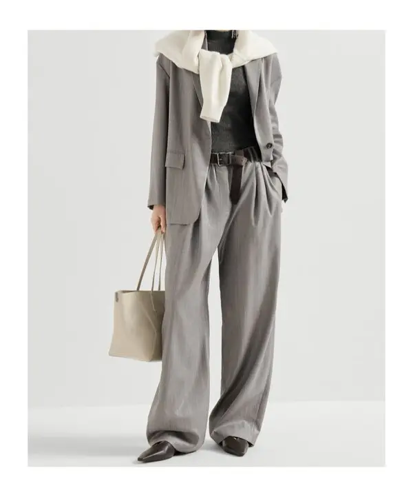Brunello Cucinelli Virgin Wool Pinstripe Trousers With Monili - Gray