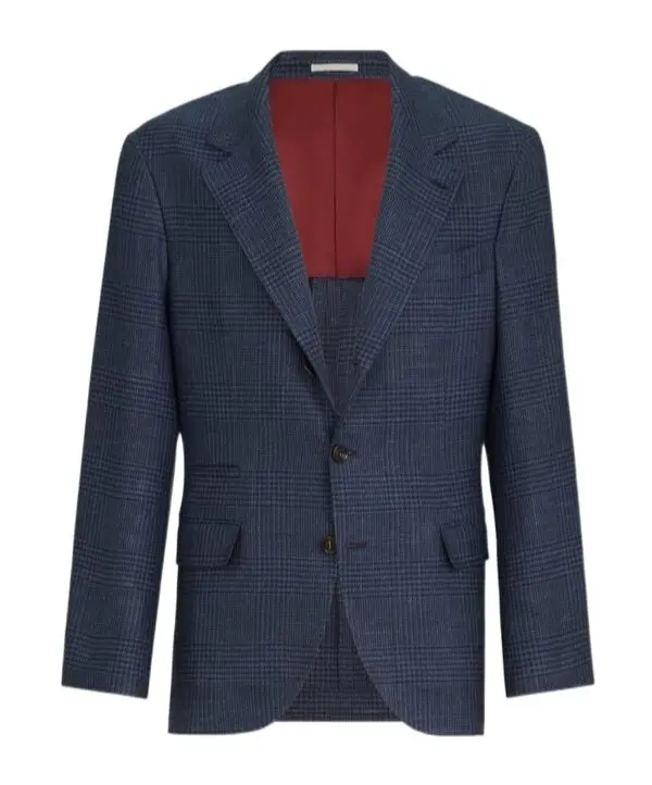 Brunello Cucinelli Wool, Silk And Linen Prince Of Wales Deconstructed Blazer - Denim