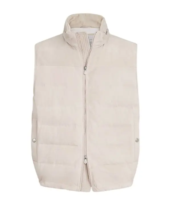 Brunello Cucinelli Suede Down Vest With Packable Hood