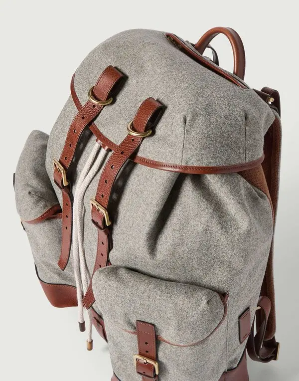 Brunello Cucinelli Virgin Wool, Alpaca And Cashmere Field Backpack With Grained Calfskin Inserts - Medium Gray