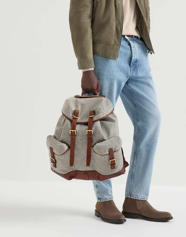 Brunello Cucinelli Virgin Wool, Alpaca And Cashmere Field Backpack With Grained Calfskin Inserts - Medium Gray