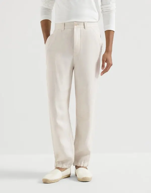 Brunello Cucinelli Linen Micro Chevron Trousers With Drawstrings - White