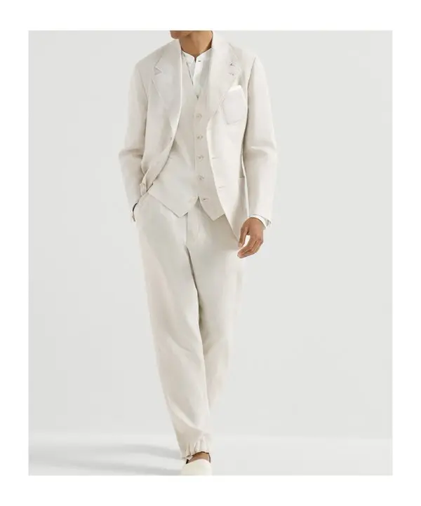 Brunello Cucinelli Linen Micro Chevron Trousers With Drawstrings - White