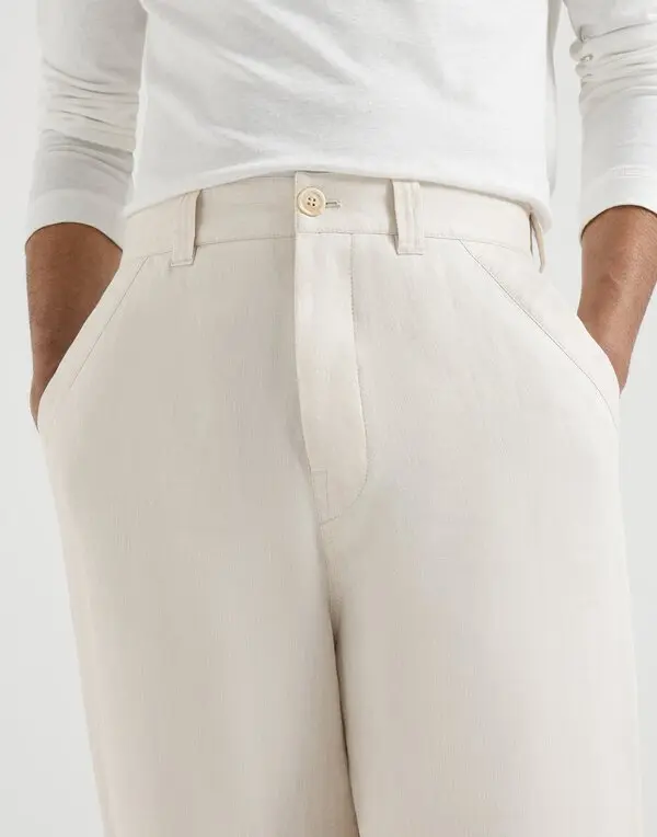 Brunello Cucinelli Linen Micro Chevron Trousers With Drawstrings - White