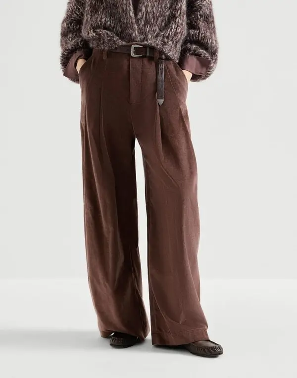 Brunello Cucinelli Stretch Cotton And Cashmere Corduroy Five-pocket Baggy Trousers With Monili - Chocolate