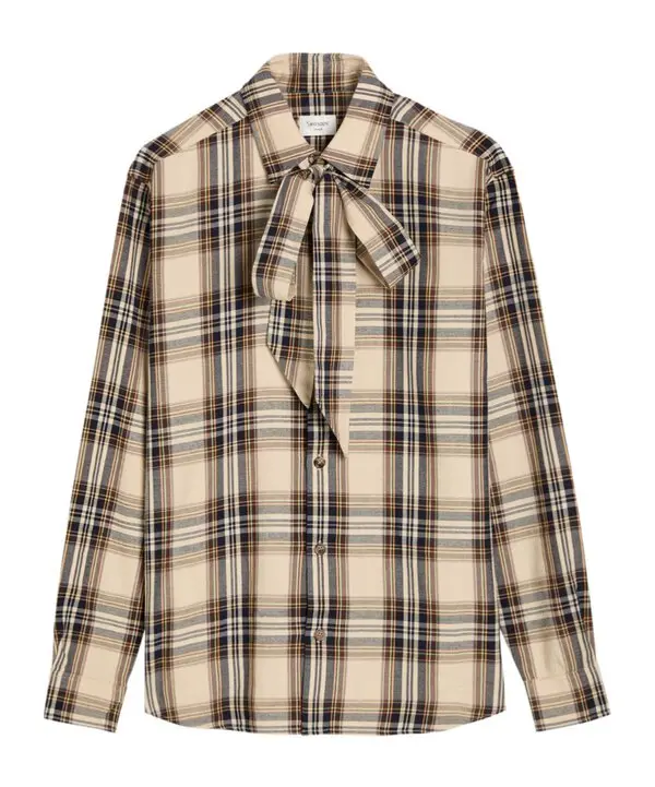 Saint Laurent Checked Tie-neck Cotton-blend Shirt - Nude
