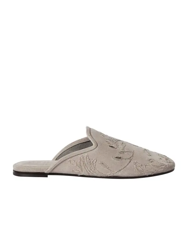 Brunello Cucinelli Suede Mules With Broderie Anglaise - Light Gray