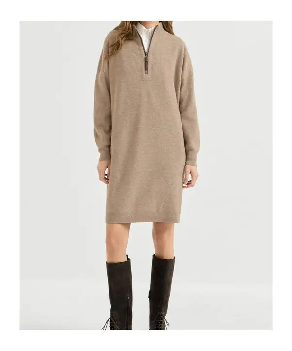 Brunello Cucinelli Virgin Wool, Cashmere And Silk Rib-knit Half-zip Dress