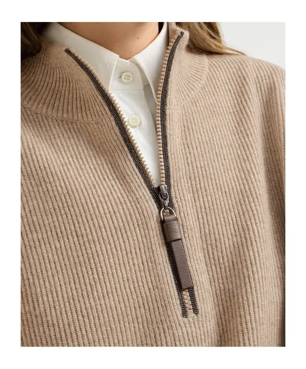 Brunello Cucinelli Virgin Wool, Cashmere And Silk Rib-knit Half-zip Dress