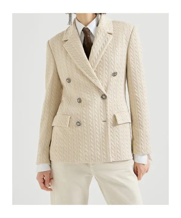 Brunello Cucinelli Sparkling Cotton And Viscose English-rib-knit Blazer With Monili - Cream